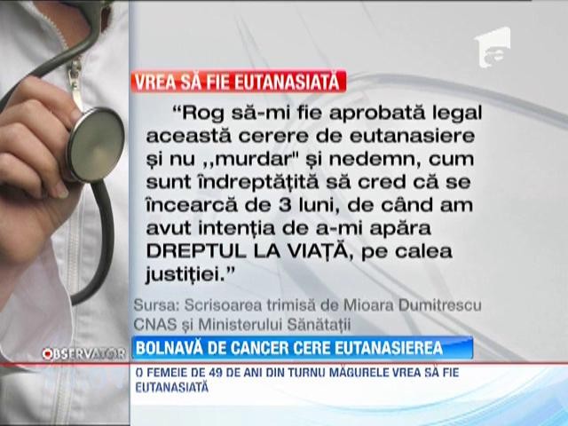 Turnu Magurele: O femeie bolnava de cancer cere sa fie eutanasiata ... Turnu Magurele: O femeie bolnava de cancer cere sa fie eutanasiata ...