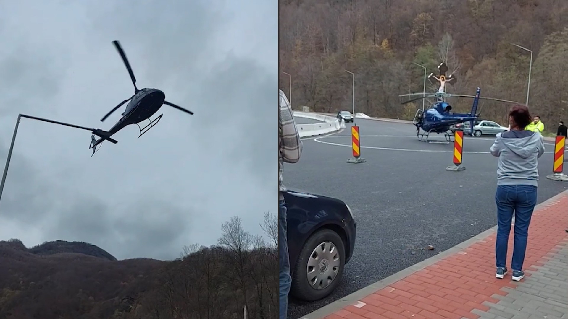 Un elicopter a aterizat în parcarea Mănăstirii Lainici din Gorj ...