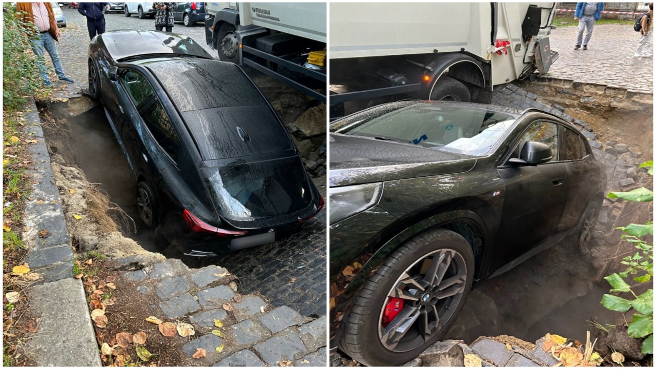 O maşină a picat într-o groapă uriaşă, după ce o stradă din Sectorul 6 al Capitalei s-a surpat ...